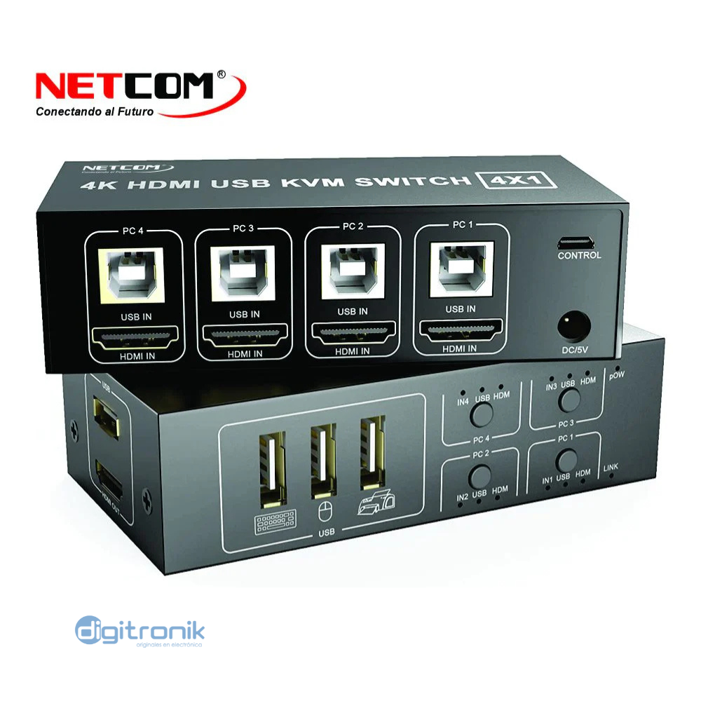 SWITCH KVM HDMI DE 4 PUERTOS 4K NETCOM PE-SC0050 – digitronik